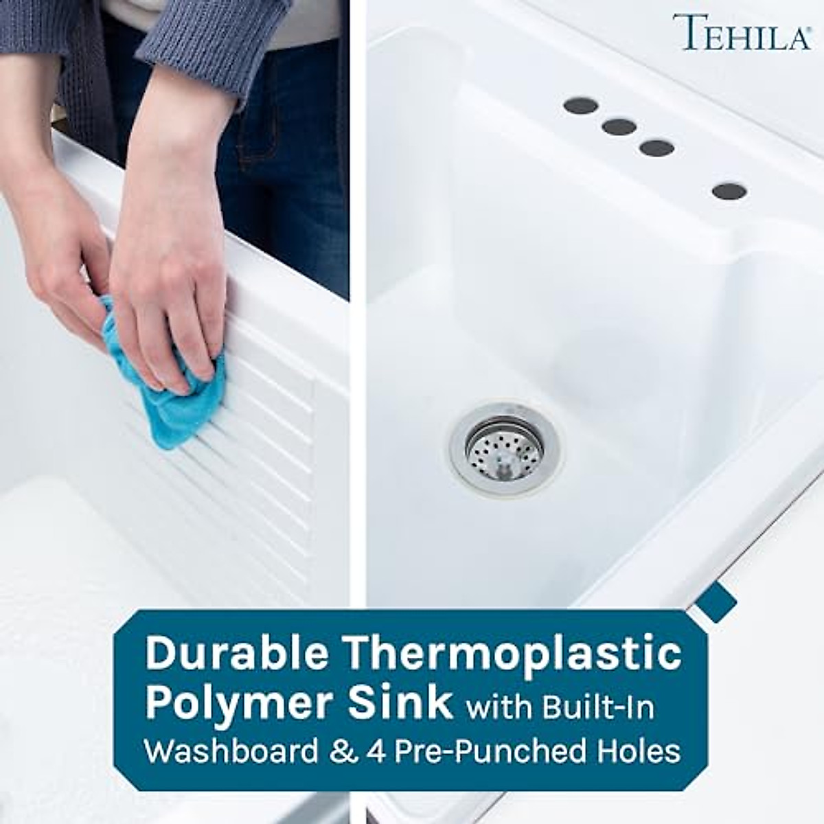 White Utility Sink in White Vanity, Stainless Steel Pull-Down Sprayer Faucet, Soap Dispenser and Spacious Cabinet by JS Jackson Supplies for Garage, Basement, Shop and Laundry Room