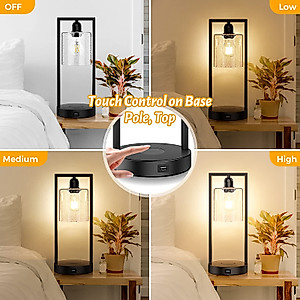 Wireless Charging Touch Control Table Lamp Set of 2, Dimmable Bedside Nightstand Lamps with USB Port, Industrial Desk Lamps for Bedroom Living Room Office Seeded Glass Shade, Bulbs Included