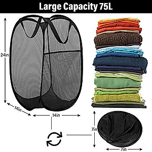 2 Pack Deluxe Strong Mesh Pop Up Laundry Hamper Basket with Side Pocket Durable Handles for Laundry, Bedroom, Bathroom, Kids Room, Dorm, Travel