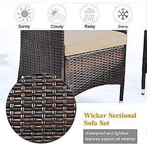 LUARANE 4-Piece Rattan Patio Furniture Set, Outdoor Wicker Sofa Couch Table Set, w/Thick Seat Cushions Tempered Glass Coffee Table, Conversation Set for Lawn Garden Poolside Backyard (Brown)