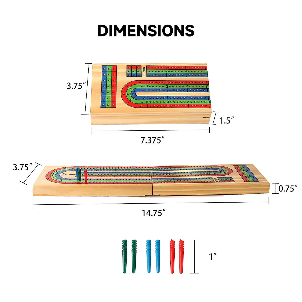 GSE Wooden Folding 3-Track Color Coded Travel Cribbage Board with 6 Plastic Pegs, Wooden Travel Portable Cribbage Board Game Set