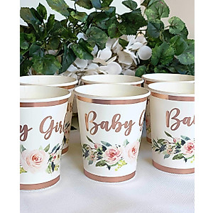 Baby Shower Tableware Plates and Napkins, Baby Girl Decorations | 25 Servings With Rose Gold Foil, Pink Floral Paper Dessert Disposable Cups | Tea Party Supplies