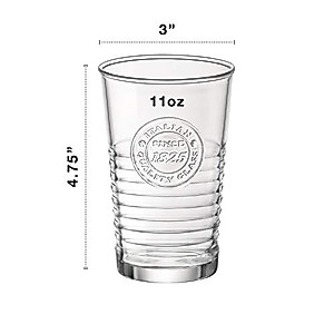 Bormioli Rocco Officina Water Glasses – Set Of 4 Clear Drinking Tumblers With Textured Ring Design & Vintage Stamp Logo – 11oz High Capacity Tall Cups For Soda, Juice, Milk, Coke, Beer, Spirits