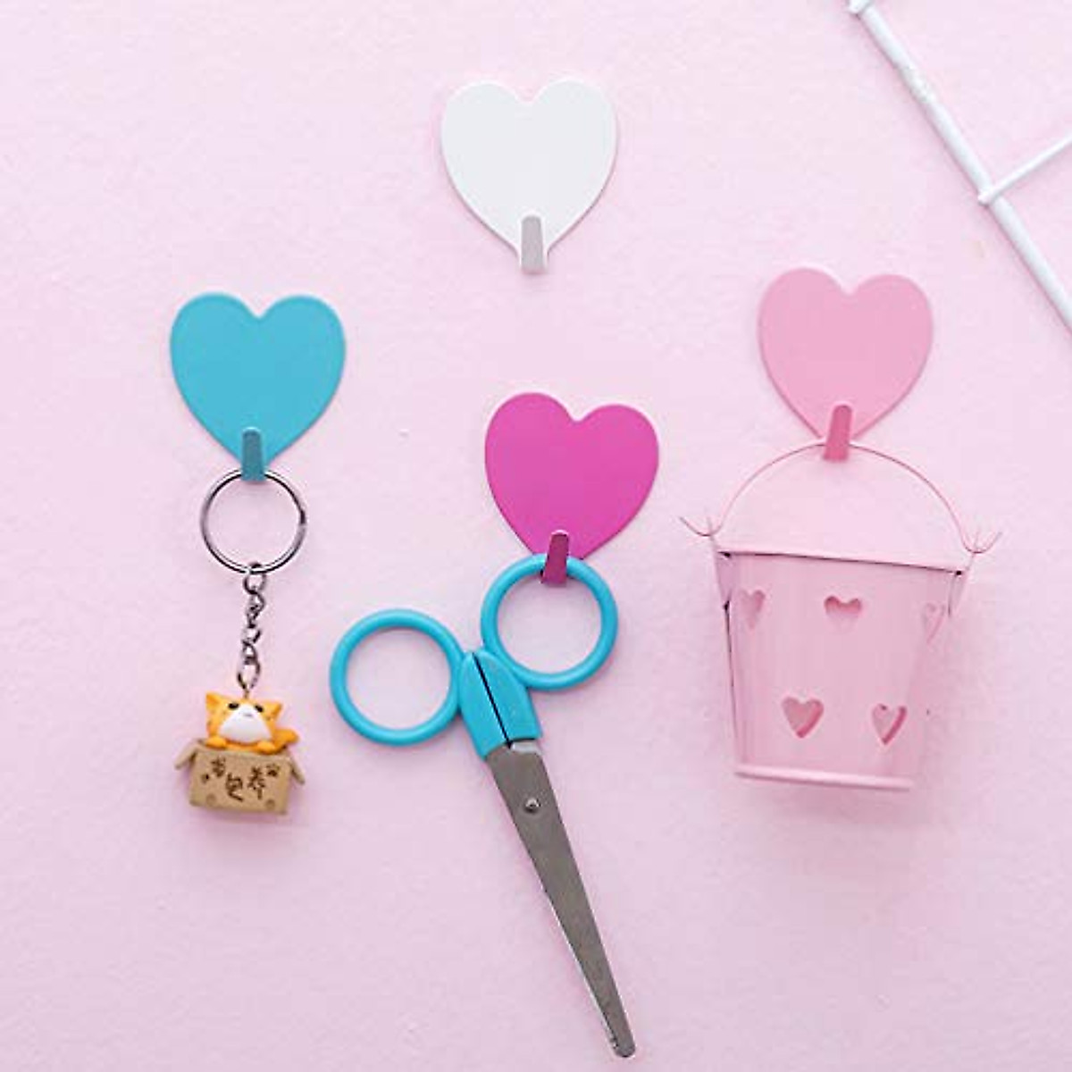 Hemoton 12 Pcs Iron Strong Heart Shaped Adhesive Hangers Wall Mounted Hooks Coat Hook Traceless Hanger for Bathroom Kitchen (Light Pink)