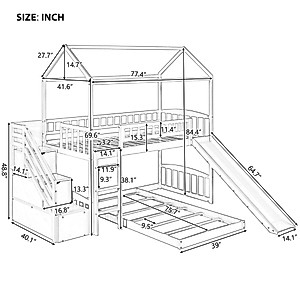 Twin Over Twin Bunk Bed with Slide, House Bunk Bed with Storage Stairs, Wooden Floor Bunk Bed with Roof and Security Guardrails, L Shaped House Bunk Bed for Kids Teens Boys Girls,White