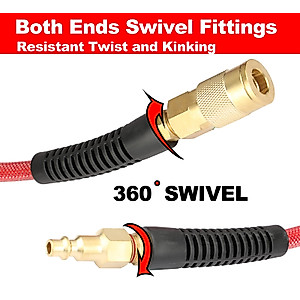 YOTOO Reinforced Polyurethane Air Hose 1/4" Inner Diameter by 100' Long, Flexible, Heavy Duty Air Compressor Hose with Bend Restrictor, 1/4" Swivel Industrial Quick Coupler and Plug, Red