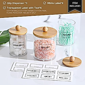 VITEVER 3 Pack Qtip Holder Dispenser with Bamboo Lids - Apothecary Jar Containers for Vanity Organizer Storage - Bathroom Accessories Set for Cotton Swab, Ball, Pads, Floss