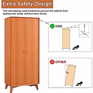OKD Storage Cabinet w/Adjustable Shelves, 72" Tall Mid Century Modern Kitchen Pantry with Door, 20" Deep Armoire Closet w/Hanging Rod Versatile Storage for Bathroom, Laundry, or Living Room, Cherry