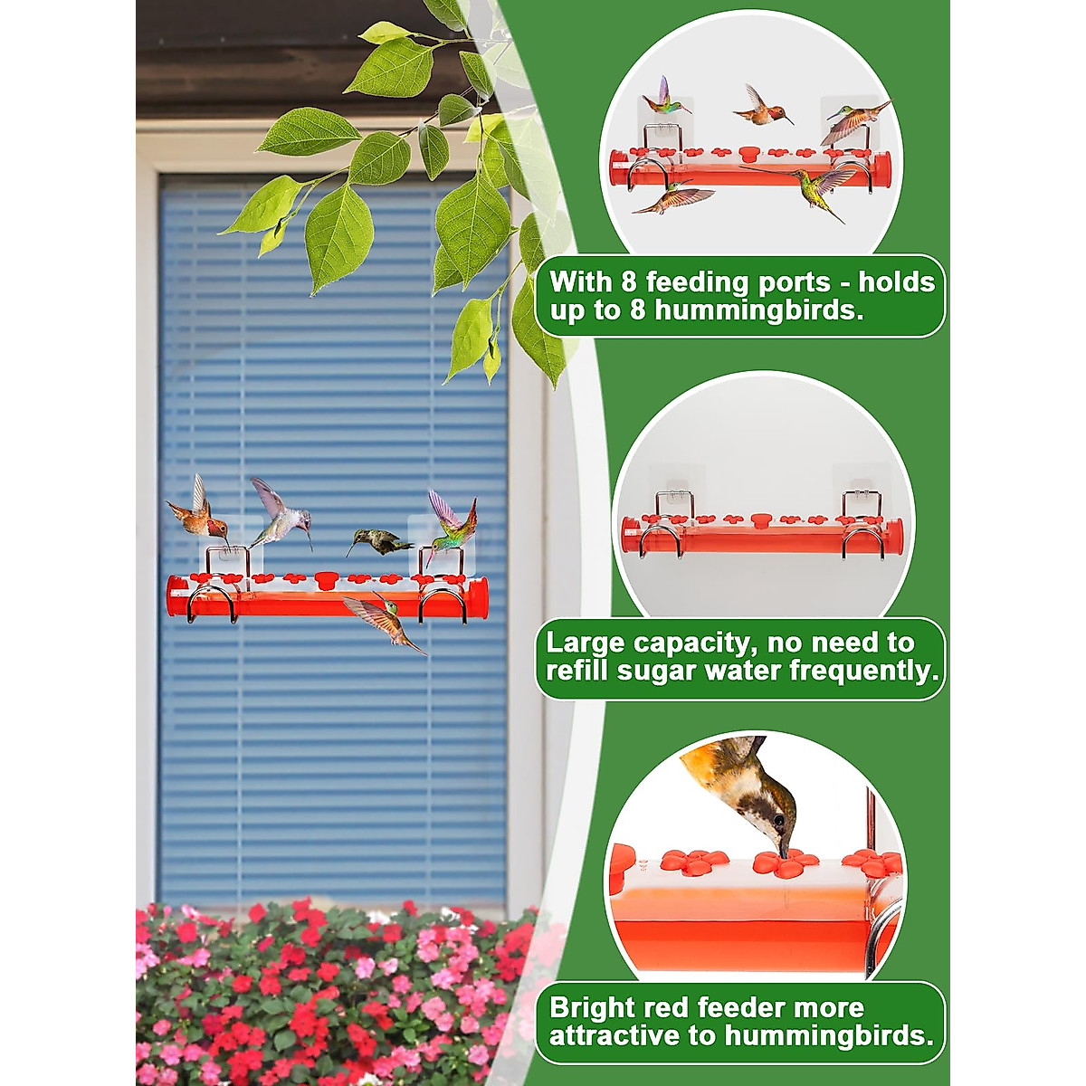 Close-up Viewing Window Hummingbird Feeder with 8 Ports Leak Proof, Top Fill & Easy to Clean Humming Bird Feeders Tube for Outdoors, 2 Pack