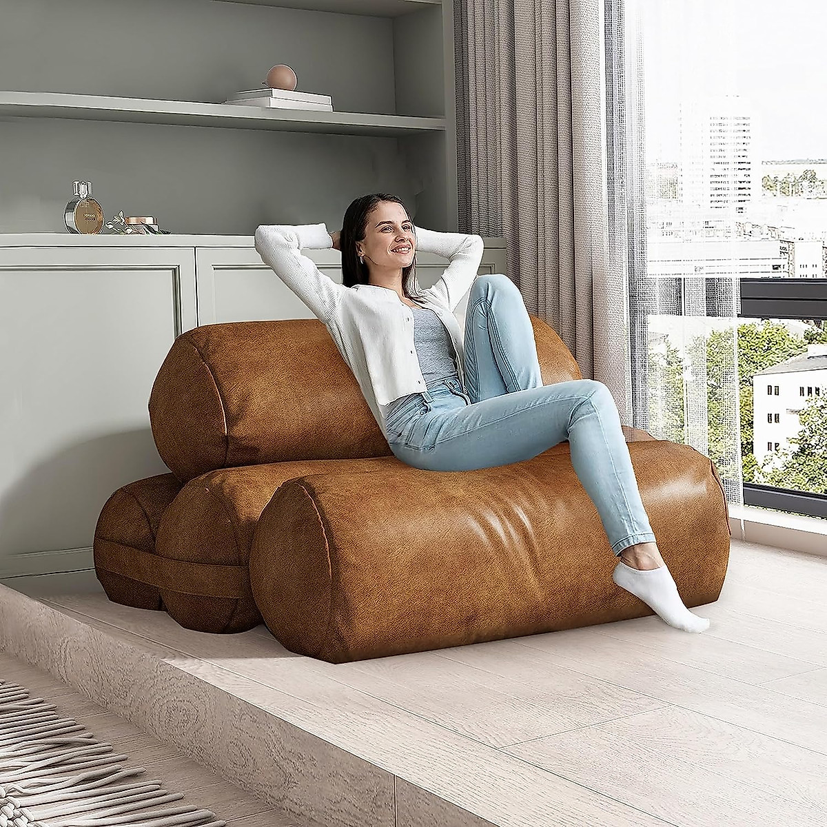 homecozy Multi-Functional Technology Cloth Cylindrical Floor Seating Sofa, Large Fold Sofa Bed, Adjustable Floor Lounger for Living Room and Bedroom, Resting and Sleeping Brown 39 * 31 * 25 Inches