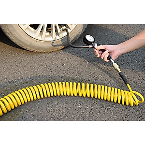 YOTOO Polyurethane Recoil Air Hose 1/4" Inner Diameter by 25' Long with Bend Restrictor, 1/4" Industrial Quick Coupler and Plug, Yellow