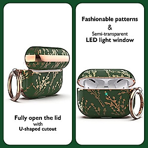TATOFY Case Cover for AirPods Pro 2019,Stylish AirPods Pro Case for Women Girls, Flower Patterns Protective Hard Case with Clip （Golden Green）