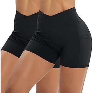 Workout Shorts for Women 2 Pcs Pack Cross Waist Active Gym Spandex Stretchy Yoga Compression with Side Pockets Black+Black-M