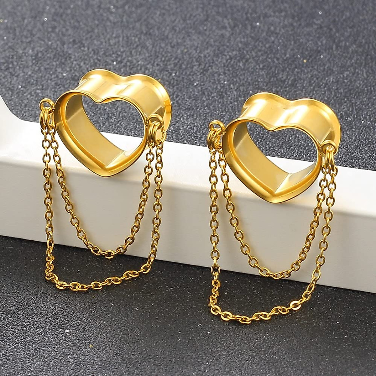 Earblity 2PCS Women Dangle Earrings 10mm/00g Gold Heart Double Chain Earrings Ear Tunnels hangers for stretched,Hypoallergenic Body Piercing Jewelry