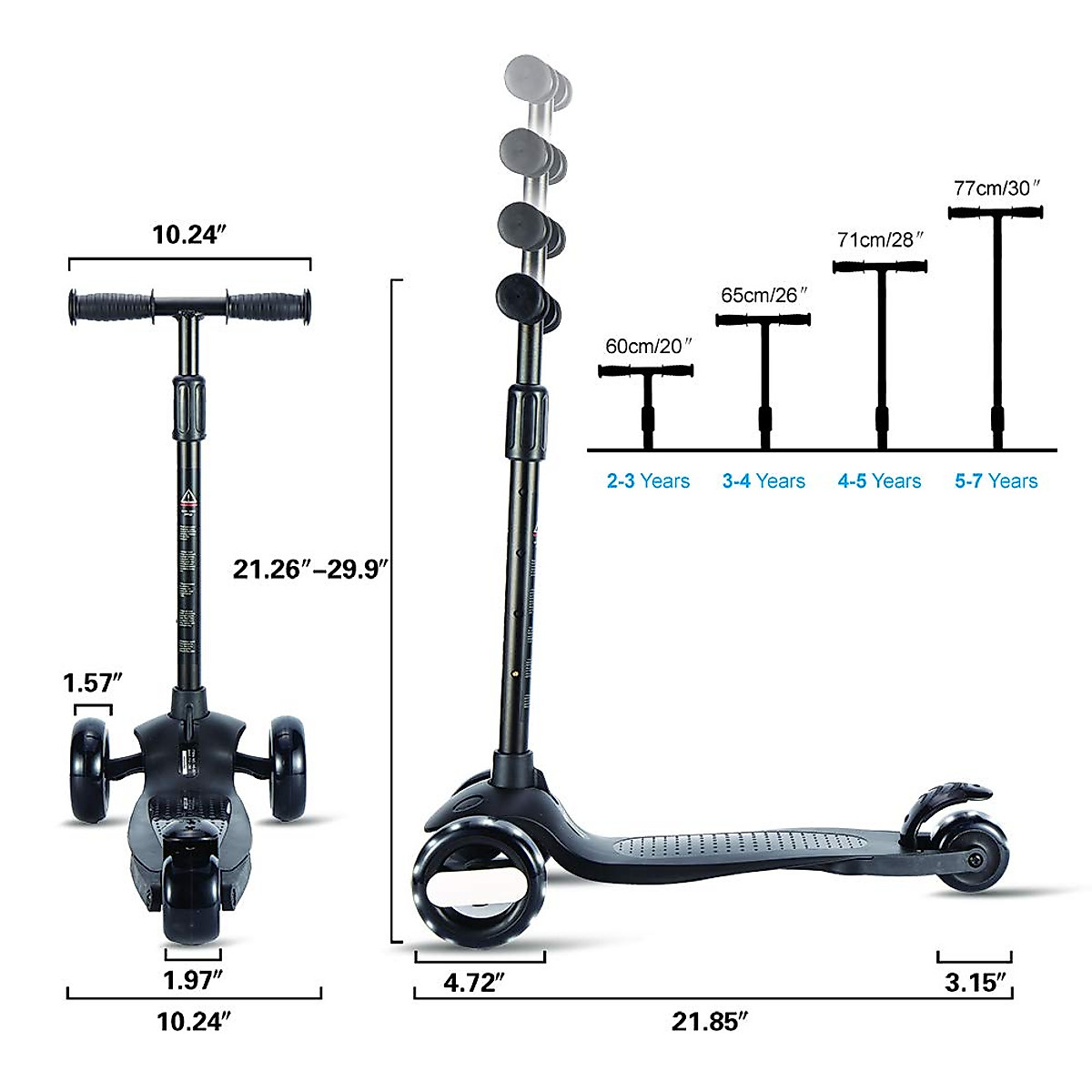Kick Scooter for Kids with 3 Big Light Up Wheels, Lean to Steer, Adjustable Height, Wheel Scooter for Boys Girls Toddler (Black)