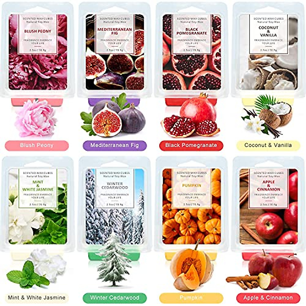 SCENTORINI Scented Wax Melts, Wax Cubes, Scented Soy Wax Melts, 8x2.5 oz, Pumpkin, Apple & Cinnamon, Winter Cedarwood, Mint & White Jasmine, Coconut & Vanilla, Black Pomegranate, Mediterranean Fig