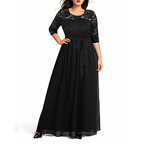 Plus Size Black Formal Gowns Evening Dresses Lace Wedding Prom Party 3/4 Sleeve Long Maxi Elegant Dresses for Women