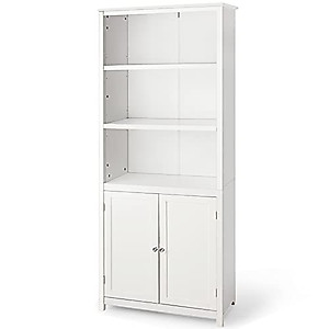 Tangkula Bookcase with Doors, 3 Tier Open Book Shelving, Standing Wooden Display Bookcase with Double Doors, Ideal for Home Bedroom, Living Room, Office, Library with Doors, White Finish (White)