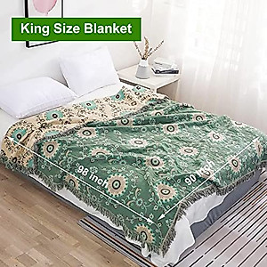 Skrmisda Bohemian Throw Blanket, Boho Blankets 90x98 Inch King Cotton Reversible Ultra Soft Light Quilt Comfy Cozy Bedding Coverlet Sofa Throw(Green+Beige)