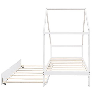 YuiHome Twin Size House Bed for Kids, Twin Size Bed Frame with Trundle Bed, Wooden Kids House Twin Bed Frame for Girls, Boys,No Box Spring Needed,White
