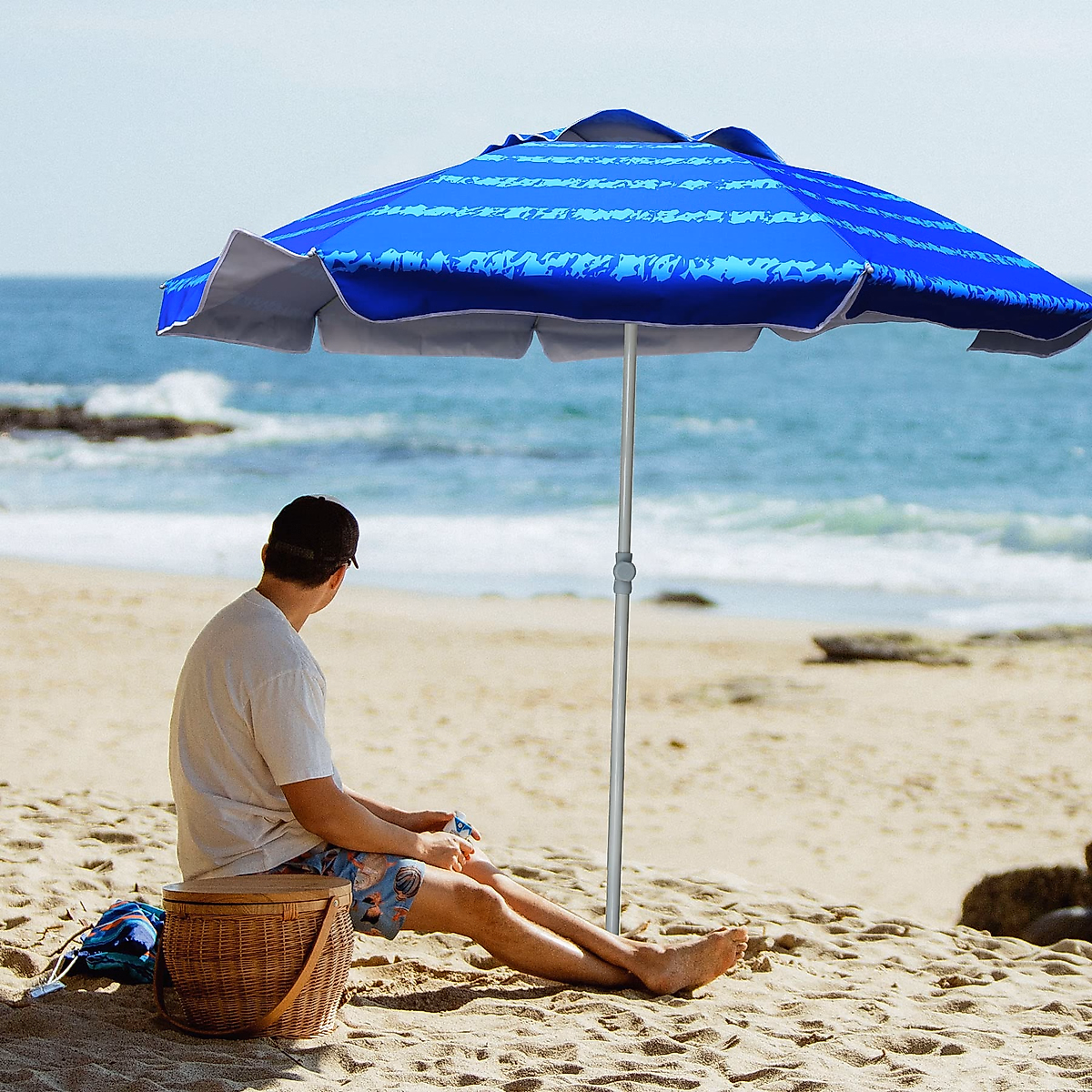 AMMSUN Beach Umbrellas for Sand Heavy Duty Wind Portable, 6.5 ft Beach Umbrella with Sand Anchor & UV Protection, Outdoor Patio Umbrella with Carry Bag for Beach Patio Garden Outdoor, Blue