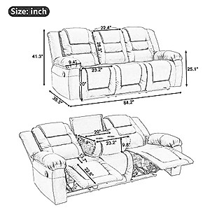 ERYE Faux Leather Manual Motion 3 Seaters Sectional Sofa Couch with 2 Cup Holders and Two Recliner Chaise, PU Wall Hugger Sofa & Couch for Home Office Theater Apartment RV Living Room Furniture Sets