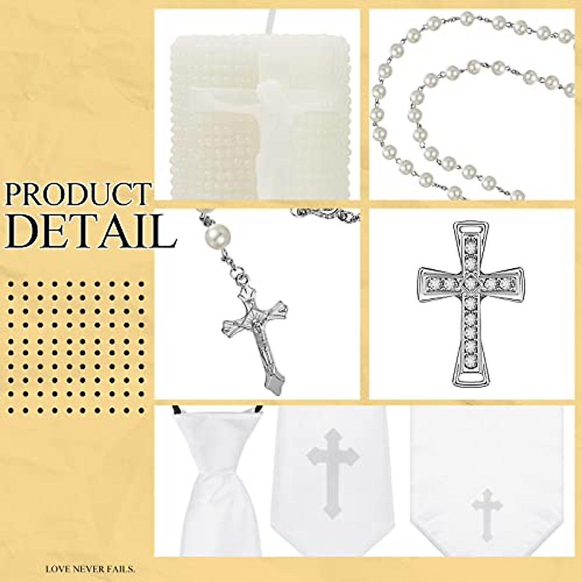 5 Pieces Boys First Holy Communion Accessories Boys Communion Set Including 1 White Tie 1 Folded Handkerchief Embroidered with the Cross 1 Cross Pin 1 Pearl Rosary 1 Cross Candle for Baptism