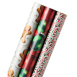 American Greetings 120 sq. ft. Vintage Christmas Wrapping Paper Bundle, Gingerbread, Ornaments, Peppermints (3 Extra Wide Rolls 40 in. x 12 ft.)