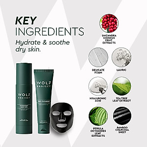 Wolf Project Men Skin Care Kit - Advanced Skin Care Set - Anti-Aging Face Moisturizer Gel Cream, Hydrating Charcoal Face Sheet Mask, Charcoal Face Cleanser - 3-Pack Mens Facial Care Kit