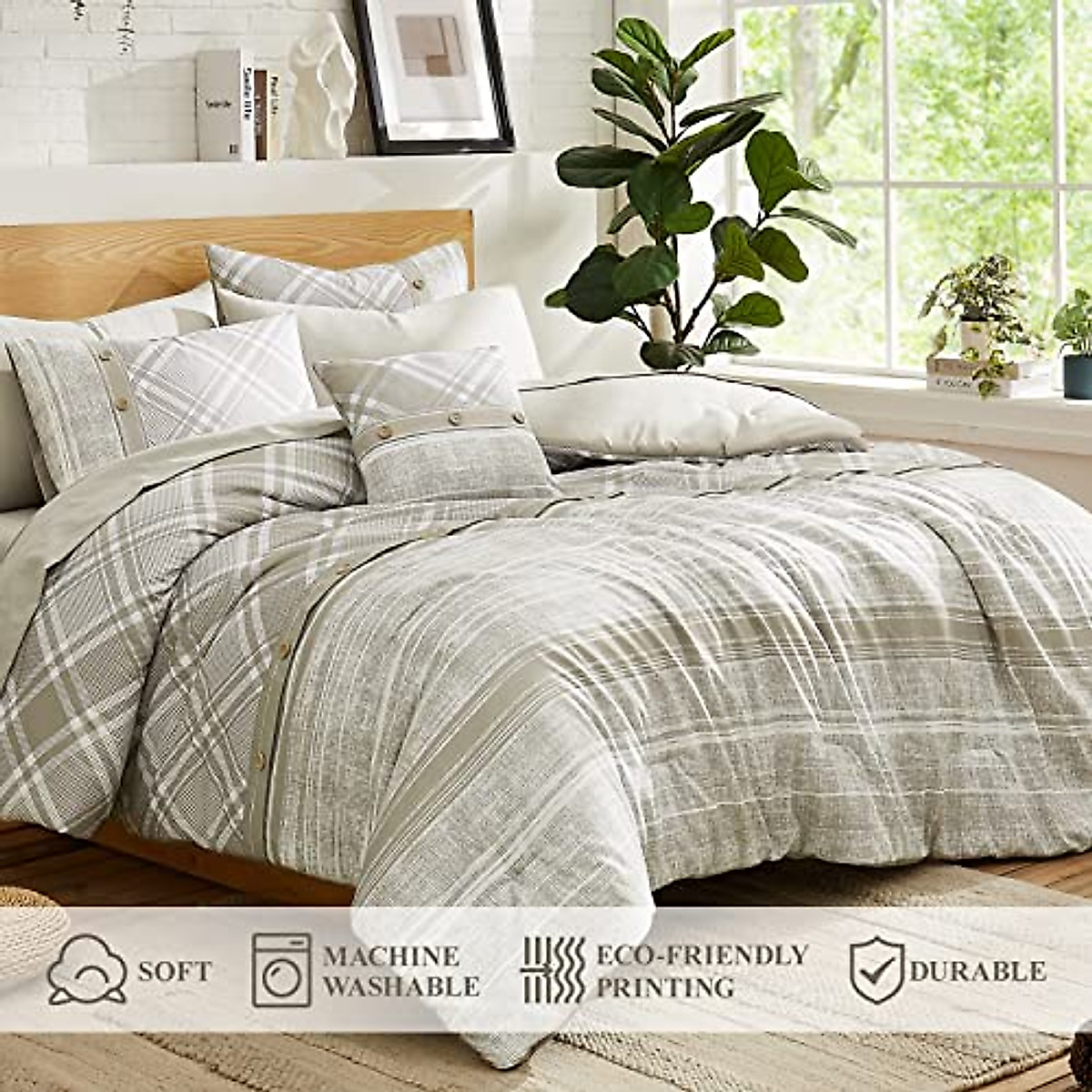 WRENSONGE Plaid Spliced King Comforter Set, 8 Pieces, Light Grey, 102"x 90"