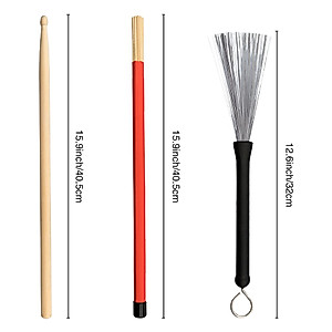 Petift Drum Sticks Set,1 Pair 5A Maple Wood Drum Sticks,1 Pair Retractable Drum Wire Brushes and 1 Pair Rods Drum Brushes set for Kids, Adults, Rock Band, Jazz Folk Students with Portable Storage Bag
