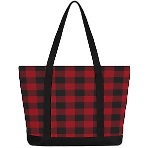 Red Buffalo Plaid Canvas Totes Shoulder Bag for Women Girls, Checkered Pattern Handbag with External Pockets Daily Essentials Large Top Zipper Cloth Bag
