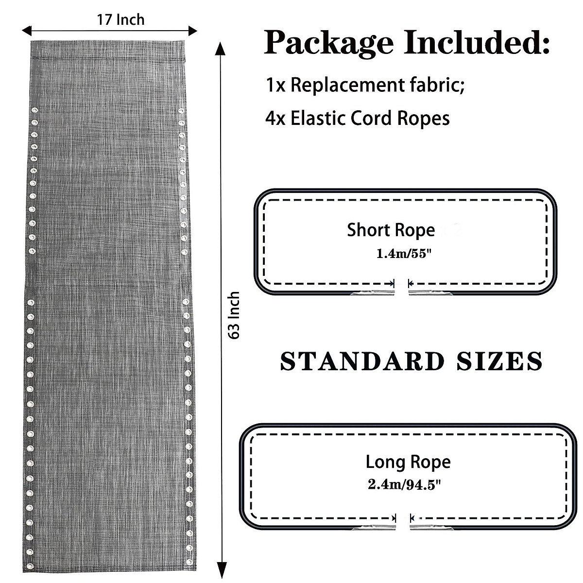 Zero Gravity Chair Replacement Fabric with Bungee Cord Kit, 17 Inch Wide Repair Cloth with Replacement Cord for Anti Gravity Chairs Outdoor Recliner Patio Lounge Chair Lawn Beach Sling Chair, Grey