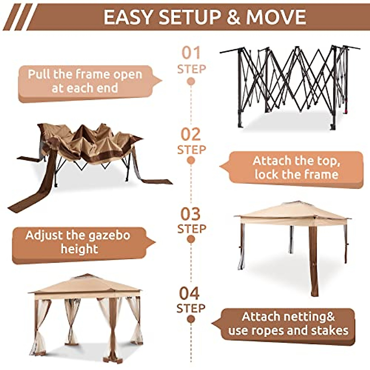 UDPATIO Pop Up Gazebo 11'x11' Patio Instant Gazebo Tent with Mosquito Netting, Outdoor Canopy Shelter with 121 Square Feet of Shade, Soft Top Metal Frame Gazebo for Lawn, Garden, Backyard and Deck