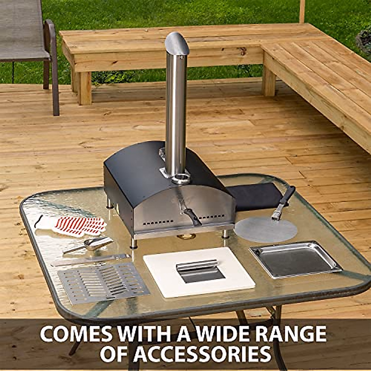 Deco Chef Outdoor Pizza Oven with 2-in-1 Pizza and Grill Oven Functionality, 13" Pizza Stone, Portable 3-Layer Stainless Steel Construction, Pizza Peel, Dough Scraper, Scoop, Slotted Grill (Black)