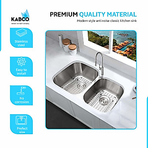 KABCO 32 Inch Double Unequal Bowl Classic Kitchen Sink with Sink Strainers, Sink Grids, Rolling Up Grid and a Removable Garbage Basket 16 Gauge Undermount Rust, Sound and Heatproof