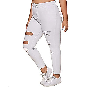ALLABREVE Women's Plus Size Stretch Skinny Distressed High-Rise Jeans, High Waist Slim Fit Denim Jegging, Girlfriend Tight Jean Pants (Distressed High-Rise Skinny White, 2XL)