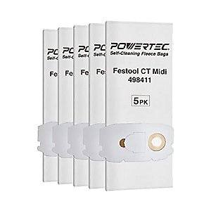 POWERTEC 75048 Fleece Filter Bags for Festool 498411 Fits CT Midi, 5PK