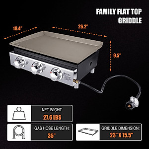Cecarol 23in 3-Burner Propane Gas Griddle, 355 sq in, 25,500 BTU - For Outdoor, RV, Tailgating (Gray)