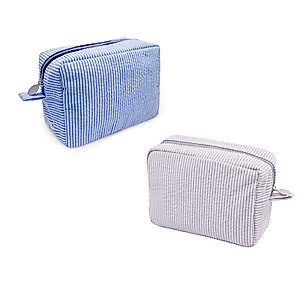 Seersucker Cosmetic Bag, Large Makeup Pouch Travel Toiletry Case with Zipper Closure Seersucker Cosmetic Organizer for Women Girls