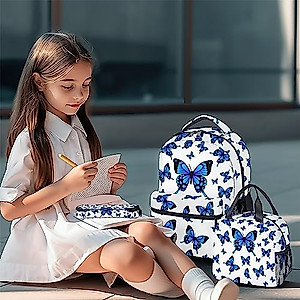 XaocNyx Butterfly Backpack with Lunch Box and Pencil Case Set, 3 in 1 Matching Girls Boys White Backpacks Combo, Fashion Bookbag and Pencil Case Bundle