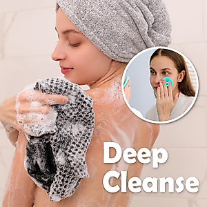 myHomeBody Extra Long Exfoliating Washcloth, Exfoliating Body Scrubber, Exfoliating Towel, 3D Texture Obsidian and Raisin Dots, Set of 2 with Silicone Facial Brush