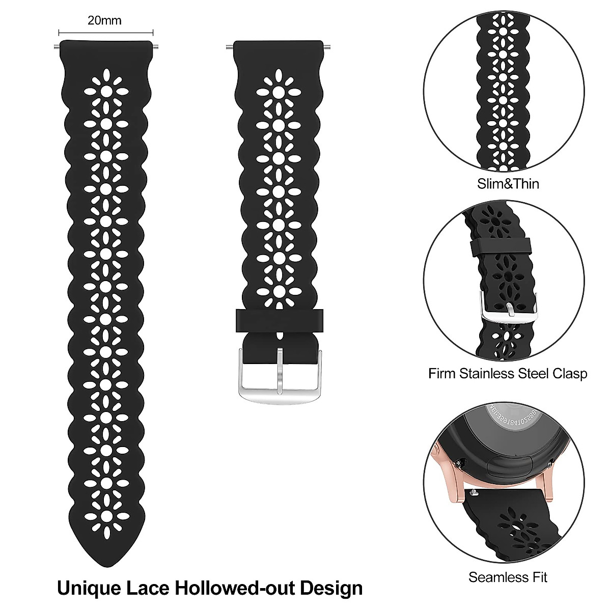Lace Silicone Band 20mm Compatible for Samsung Galaxy Watch 4/5/6/Active Band 40MM 44MM,Galaxy Watch 4/6 Classic 46MM 42MM 43MM 47MM/Watch 5 Pro/Watch 3 41mm, Soft Silicone Strap for Women (black)