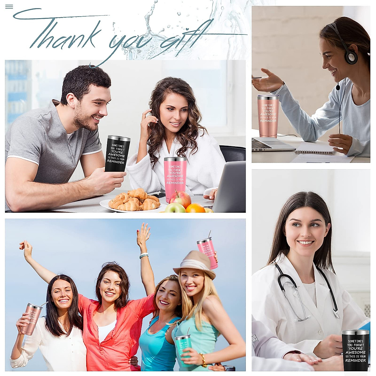 Inspirational Gifts for Women Men You're Awesome Tumbler Cup with Lid 20 oz Stainless Steel Vacuum Insulated Tumbler Mug Christmas Birthday Thank You Gifts (Mint Green, Rose Gold, Black, Pink, 8 Pcs)