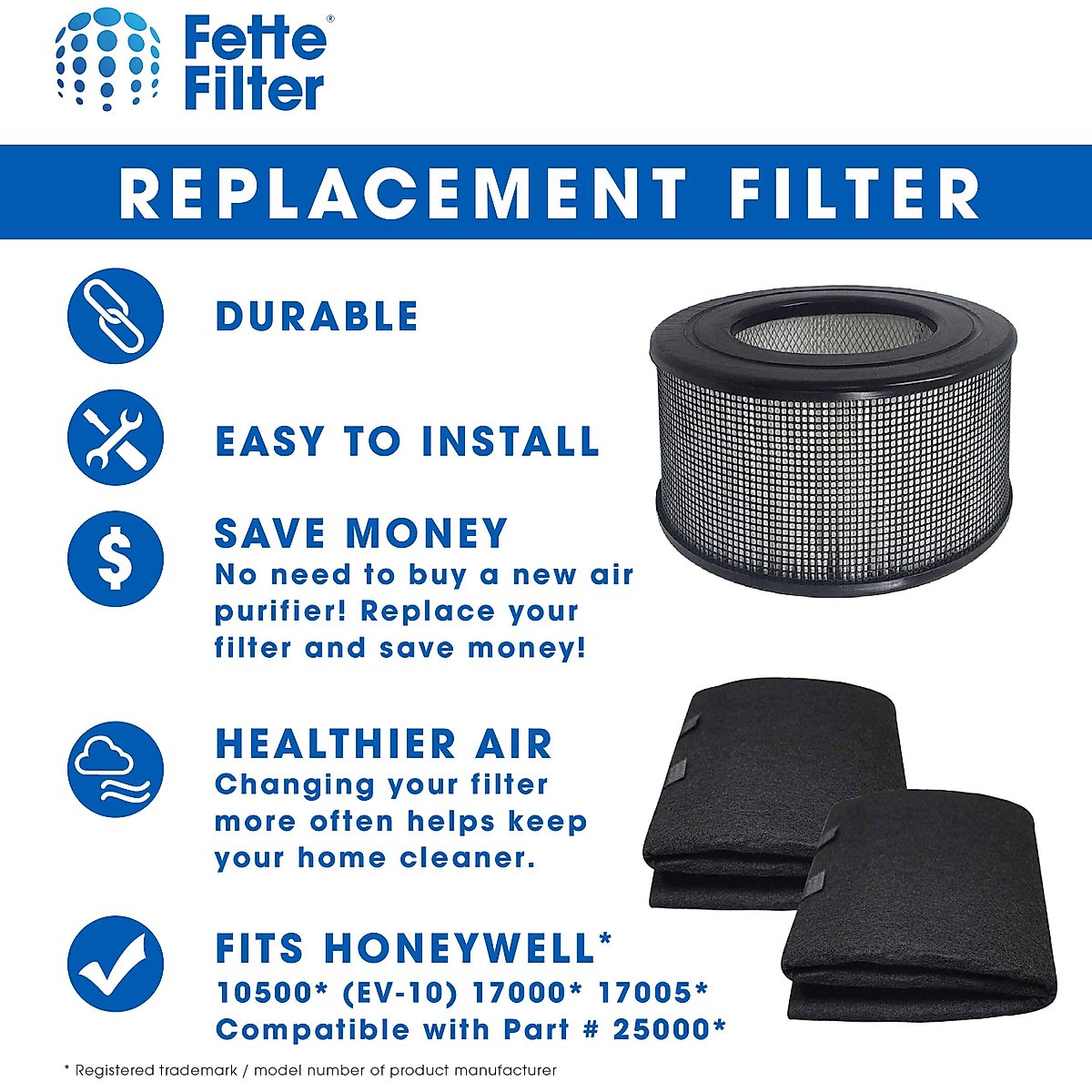 Fette Filter - Replacement 1 x HEPA Filter & 2 x Wrapping Carbon Pre-Filters Compatible with Honeywell 10500 (EV-10) 17000 17005 Part Number 20500. Combo Pack
