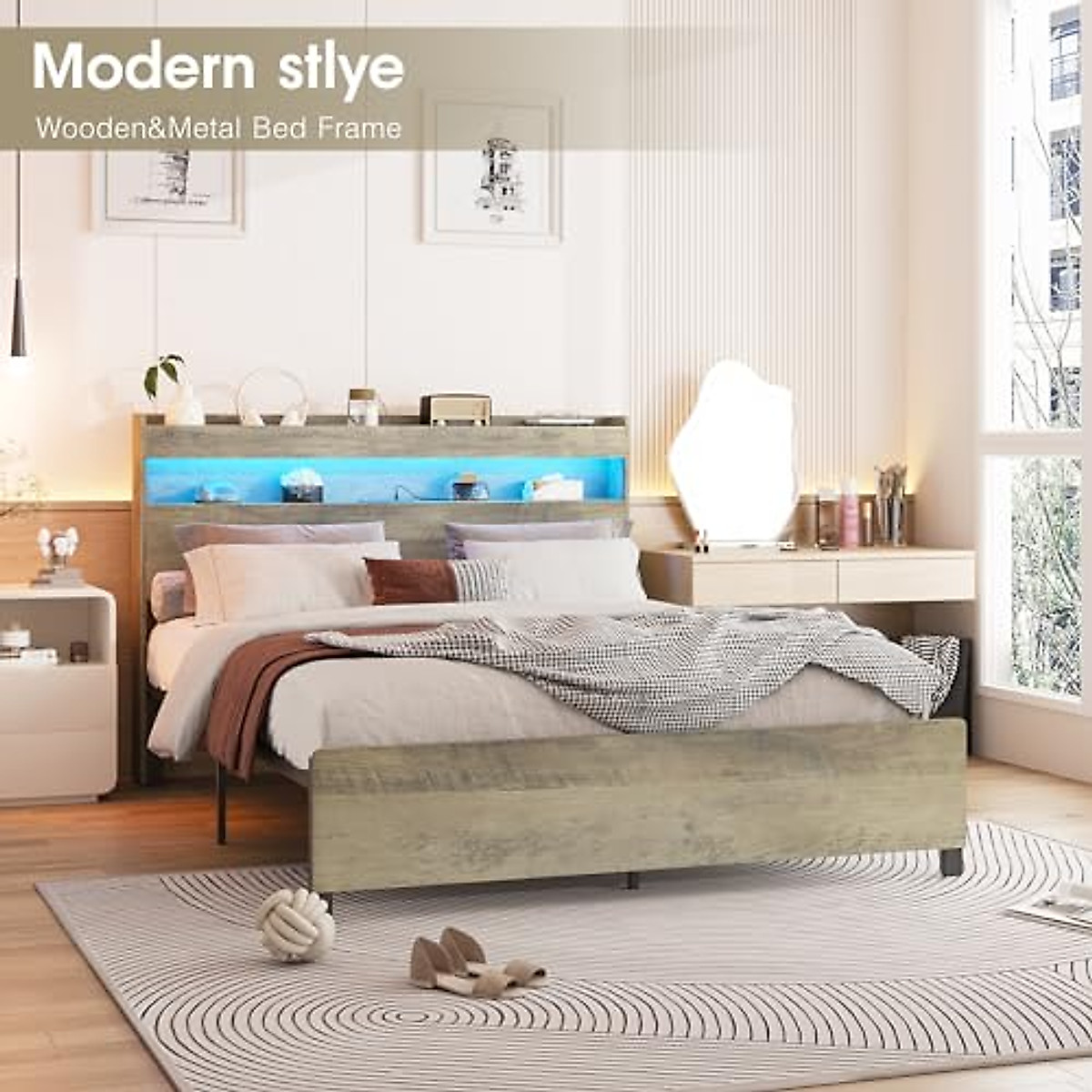 Grey Full Size Bed Frame with 2-Tier Wooden Storage Headboard and Charging Station Modern Upholstered Platform Full Bed Frame with RGB LED Lights Metal Support,No Box Spring Needed,Noise Free,Gray