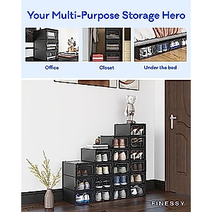 FINESSY Shoe Storage Shoe Organizer Cabinet, 12 Pack Medium Shoe Rack Closet Organizer and Storage Bins, Black Shoe Container Stackable Shoe Boxes Clear Plastic Stackable Shoe Holder