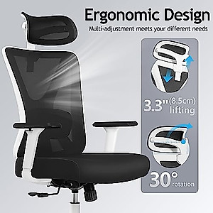 KERDOM Ergonomic Office Chair, Rolling Swivel Executive Desk Chair, Breathable Mesh Gaming Chair with Adjustable Headrest, 3D Armrest and Lumbar Support for Home Office White