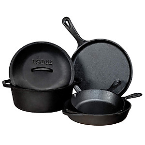 Lodge Pre-Seasoned Cast Iron 5 Piece Set, Black & Silicone Hot Cast Iron Skillet Handle Holder, 5-5/8" L x 2", Red