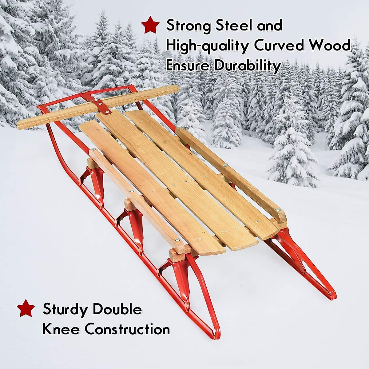 GLACER Wooden Sled, 54 Inches Snow Slider w/Metal Runners & Steering Bar, Sleigh Toboggan Pull Sled for Kids & Adults, Steel & Wood